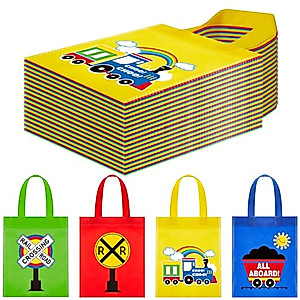 Sweetude 20 Pcs Reusable Mini Train Party Tote Bags 9.84 x 7.87 Inch Train Goodie Candy Favor Bags Train Birthday Party Supplies with Long Handles for Kids Birthday Baby Shower Decoration