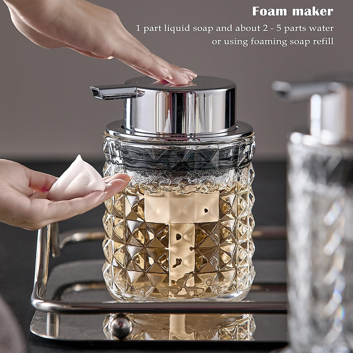 CICUFY Foaming Hand Soap Dispenser, Glass Foam Soap Dispenser or Lotion Dispenser for Kitchen & Bathroom Refillable Clear Glass Liquid soap Dispenser with Large Silver Pump-1 Pack