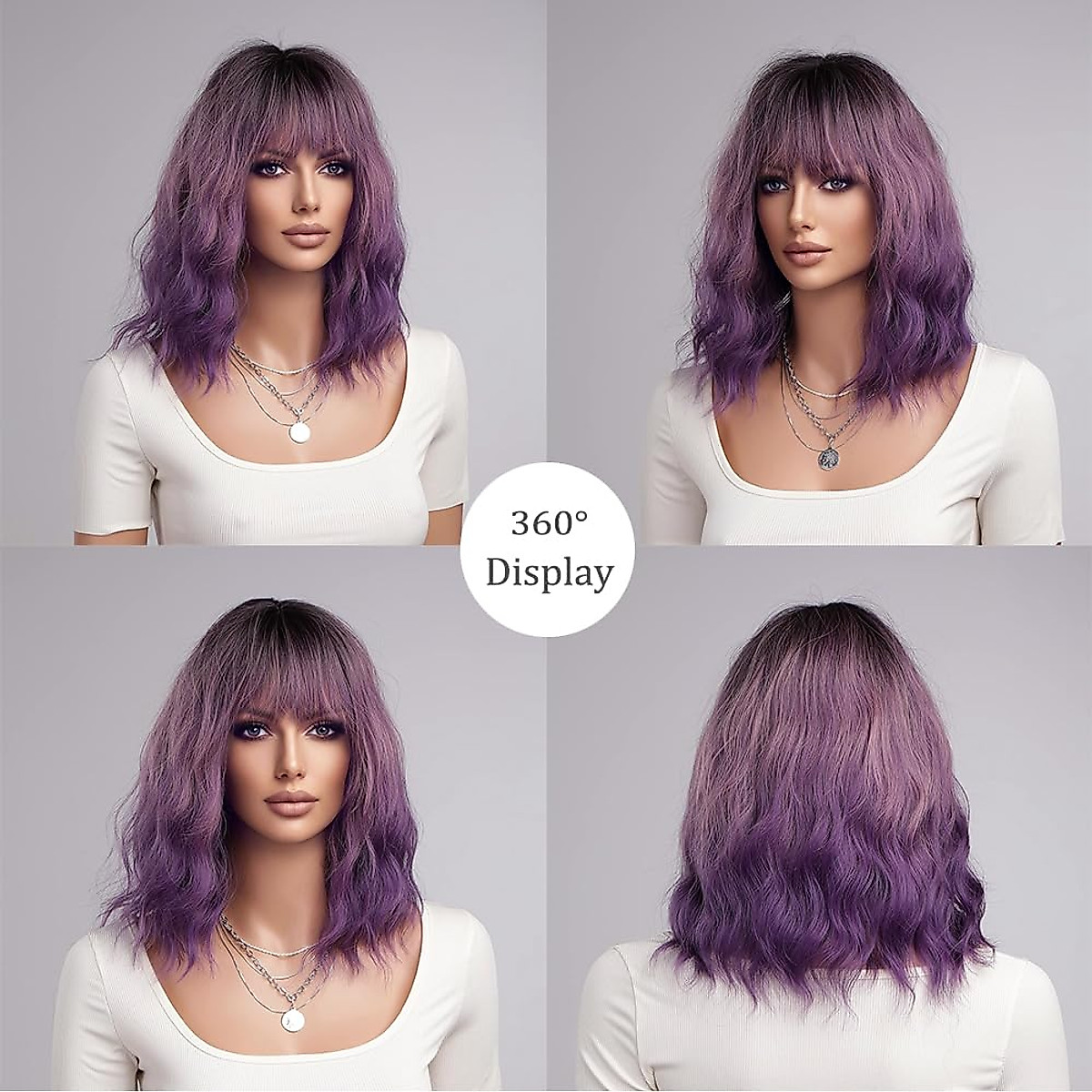 Haoland Purple Wig With Bangs for Women 14” Short Bob Wavy Wig Heat Resistant Colored Wigs Synthetic Wig for Daily Party Use Cosplay (Purple)