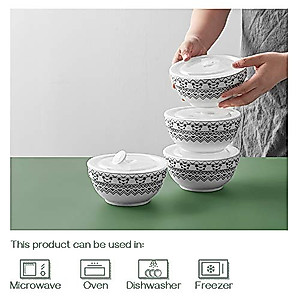DOWAN Porcelain Bowls with Vented Lid, 30oz Cereal Soup Bowl, Ceramic Bowl Set, Ceramic Bowl With Lid, Prep Bowls for Kitchen, Modern Bohemian Bowl for Oatmeal, Rice, Pasta, Salad, Set of 4
