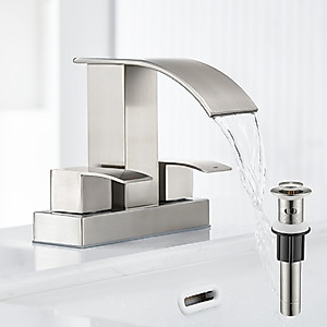 Waterfall Bathroom Sink Faucet Set with Pop Up Drain Stopper & Supply Lines - 4 Inch 2 Handles Centerset Faucet 2 or 3 Hole Lavatory Faucet Bathroom Vanity Mixer Tap Basin Faucets Brushed Nickel