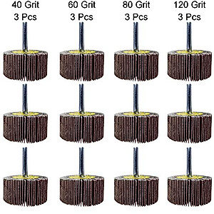 M-jump 12 Pcs 2”X 1” X1/4” Flap Wheels Set –3 pcs Of Each 40 60 80 and 120 Grits Aluminum Oxide for Remove Rust and Weld Burr – 1/4 Shank Fits All Drills