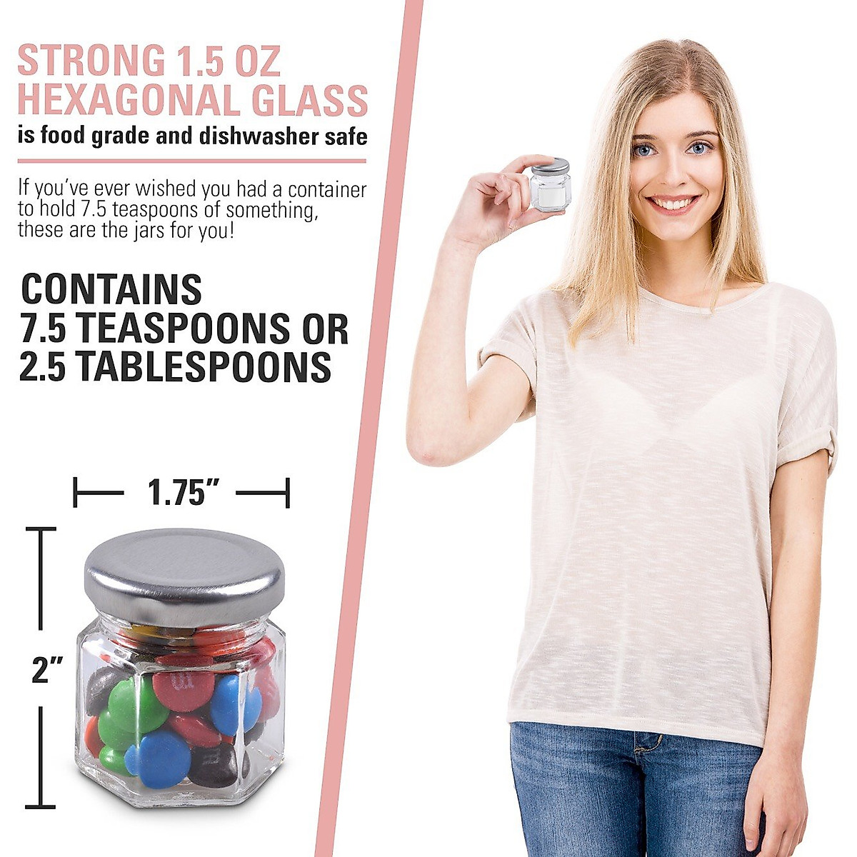 1.5 oz Hexagon Mini Glass Jars with Silver Lids and Labels (Pack of 24)