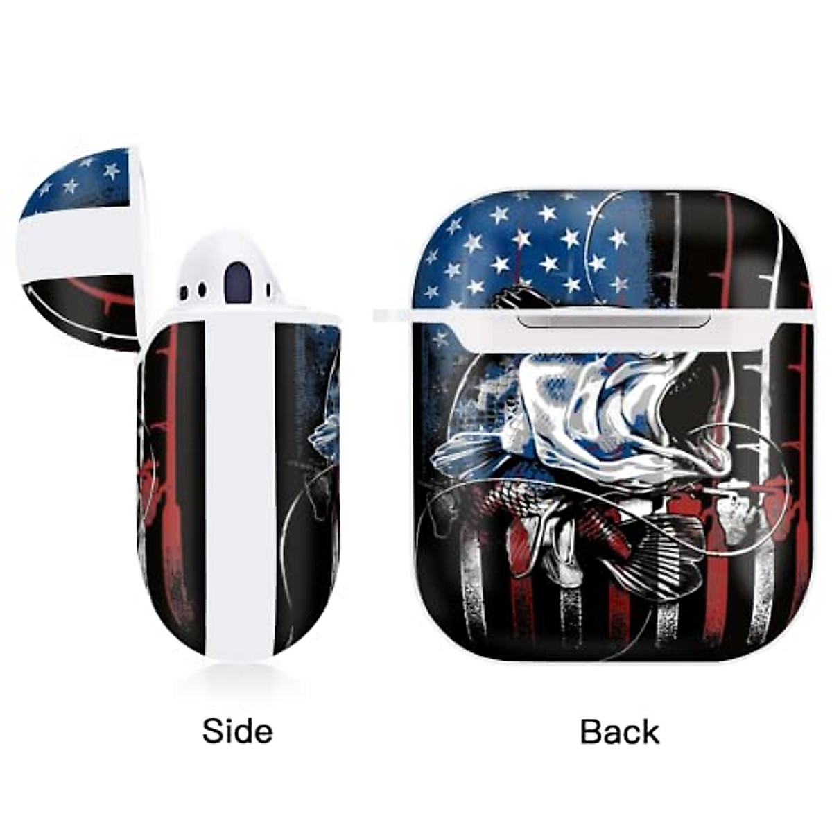 Fishing American Flag USA Bass Fish for AirPods Case Cover for Airpods 1&2, Wireless/Wired Charging Protective AirPods Case with Keychain White
