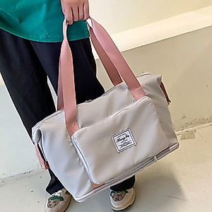 holygloomy Large Capacity Folding Travel Bag, Dry&Wet Separation Handle Shoulder Bag Women Storage Lightweight Waterproof Foldable Carry Luggage for Sports, Gym, Vacation, Grey Pink, 42x28x22cm