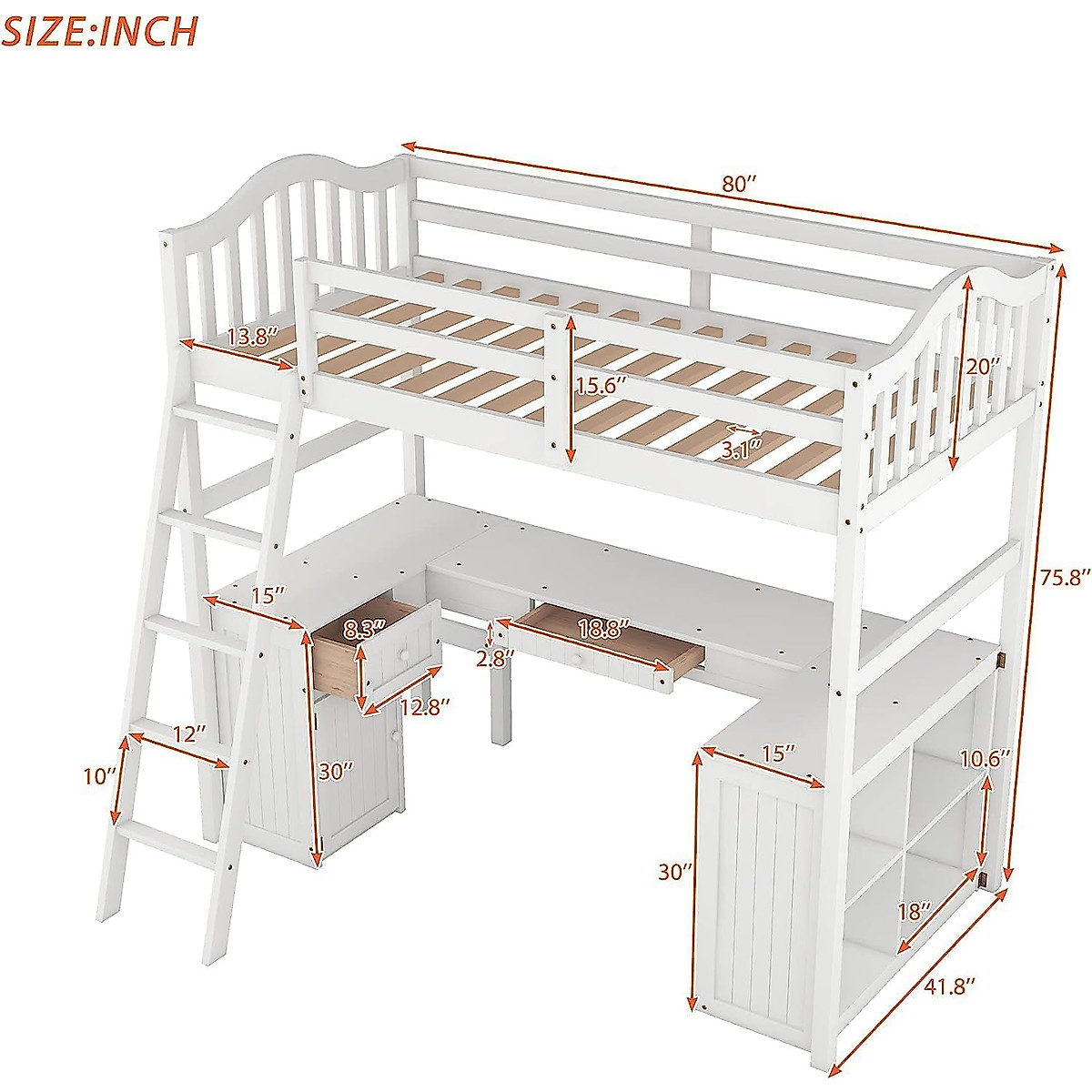 Harper & Bright Designs Twin Size Loft Bed with Desk, Wood Loft Bed Twin with Drawers, Cabinet, Shelves, Kids Loft Twin Bed with Desk and Storage for Girls Boys Teens,No Box Spring Needed,White