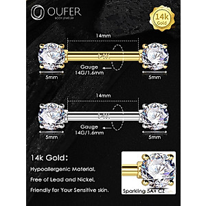 OUFER 2PCS Nipple Rings, 14K Solid Gold Nipple Piercing Jewelry, Clear CZ Nipple Piercing, 14G Nipple Barbells, Nipple Rings For Women Men