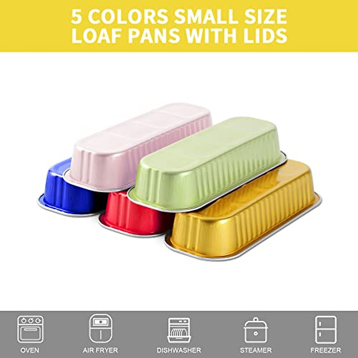 HEYYUMI Disposable Mini Loaf Pans with Lids, 50pcs 6.8oz Aluminum Foil Narrow Cake Pans,Rectangle Cupcake Baking Cups Ramekins Tins Liners Containers Flans for Bread Muffin Brownie Cheesecake(Gold)