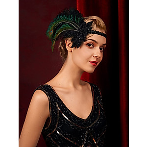 SWEETV 1920s Flapper Feather Headband, 20s Sequined Showgirl Headpiece, Gatsby Hair Accessories for Women (Burgundy)