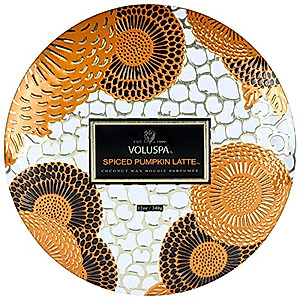 Voluspa Spiced Pumpkin Latte Candle | 3 Wick Tin | 12 Oz. | 40 Hour Burn Time | Vegan | All Natural Wicks and Coconut Wax for Clean Burning