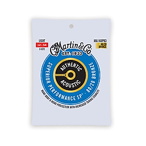 Martin Authentic Acoustic Guitar Strings, Superior Performance Light 12-54, 80/20 Bronze, 3 Pack