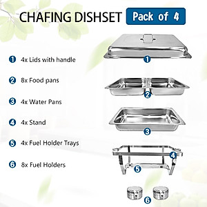 Jacgood Chafing Dish for Buffet, 4 Pack Stainless Steel Chafing Servers Food Warmer Sets with 8QT Half Size Food Pan for Kitchen Party Banquet Dining