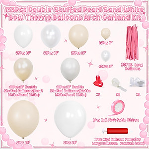 Pink Bow Balloon Arch Kit, 155Pcs Coquette Bows Pearls Balloon Garland Arch, Double Stuffed Pearl Sand White Balloons with Satin Ribbon for Coquette Birthday Decortions, Bridal Shower, Bow Party Decor