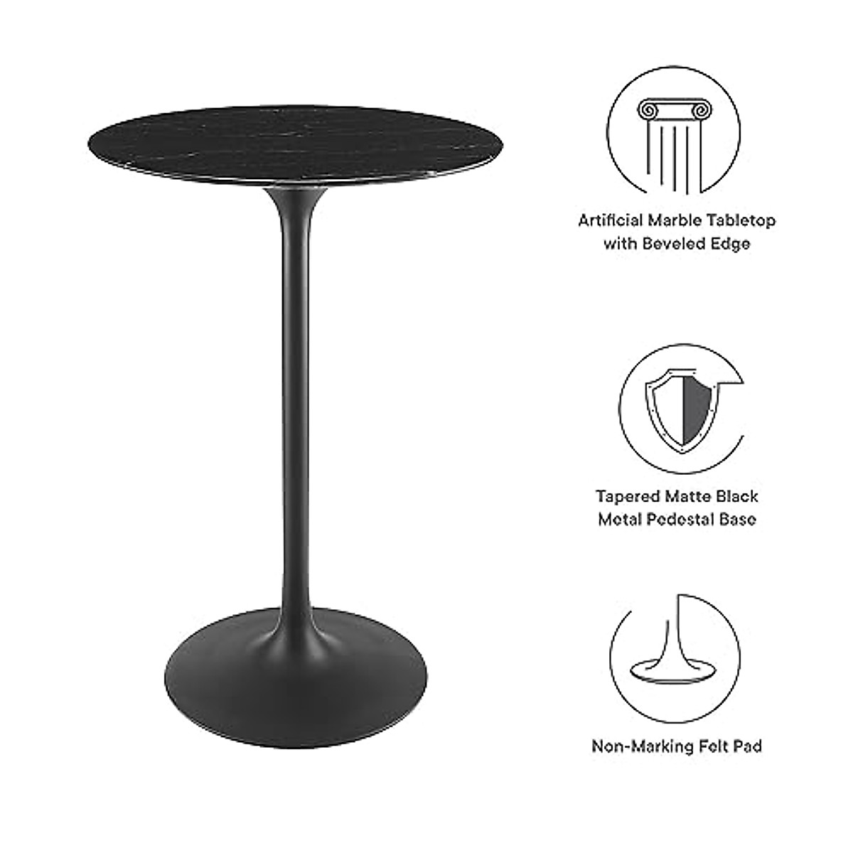 Modway Lippa Round Artificial Marble 28" Bar Table, Black Black
