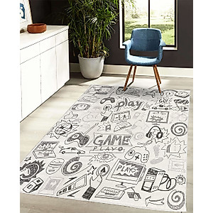 Ambesonne Video Games Decorative Rug, Monochrome Sketch Gaming Design Racing Monitor Device Gadget Teen 90's, Quality Carpet for Bedroom Dorm and Living Room, 4' X 5' 5", Pale Grey