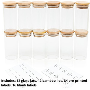 12 Piece- 5oz Eco-friendly Bamboo Lid Glass Spice Jar Set with 84-Minimalist Pre-Printed Waterproof Spice Labels, 16-Blank Labels– For Spices, Seasoning, Herb Storage and Kitchen Organization