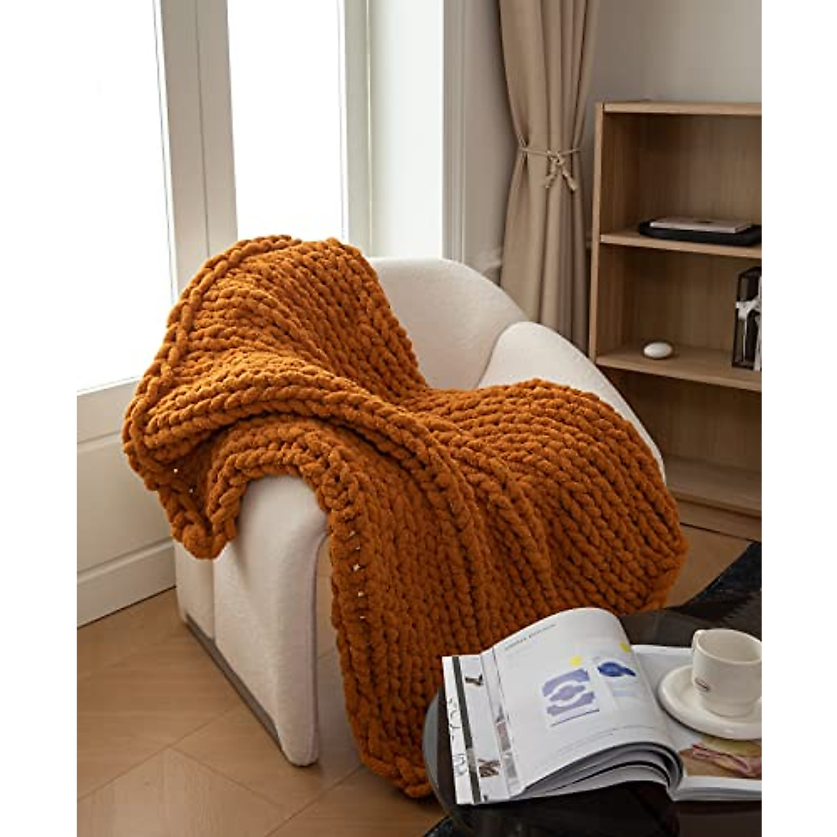 Chunky Knit Blanket Soft Chenille Yarn Knitted Throw Blanket 50"X60" Handmade Cable Warm Thick Giant Blanket for Couch Bed Trips (Burnt Orange, Throw 50“x60”)