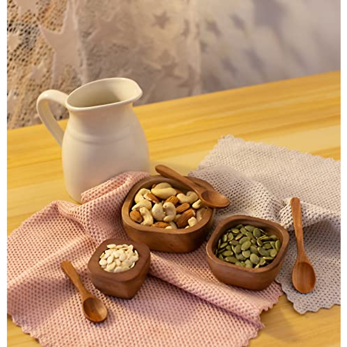 Tiny Acacia Wood Nesting Square Set 3 Serving Bowl 3¾”, 2¾”, 2⅛” Small 3 Wooden Spoon Mix size Stackable little Dish for Prep Salt Pepper Mustard Wasabi Dip sauce Salsa Nut Tableware Wooden Nest Bowl
