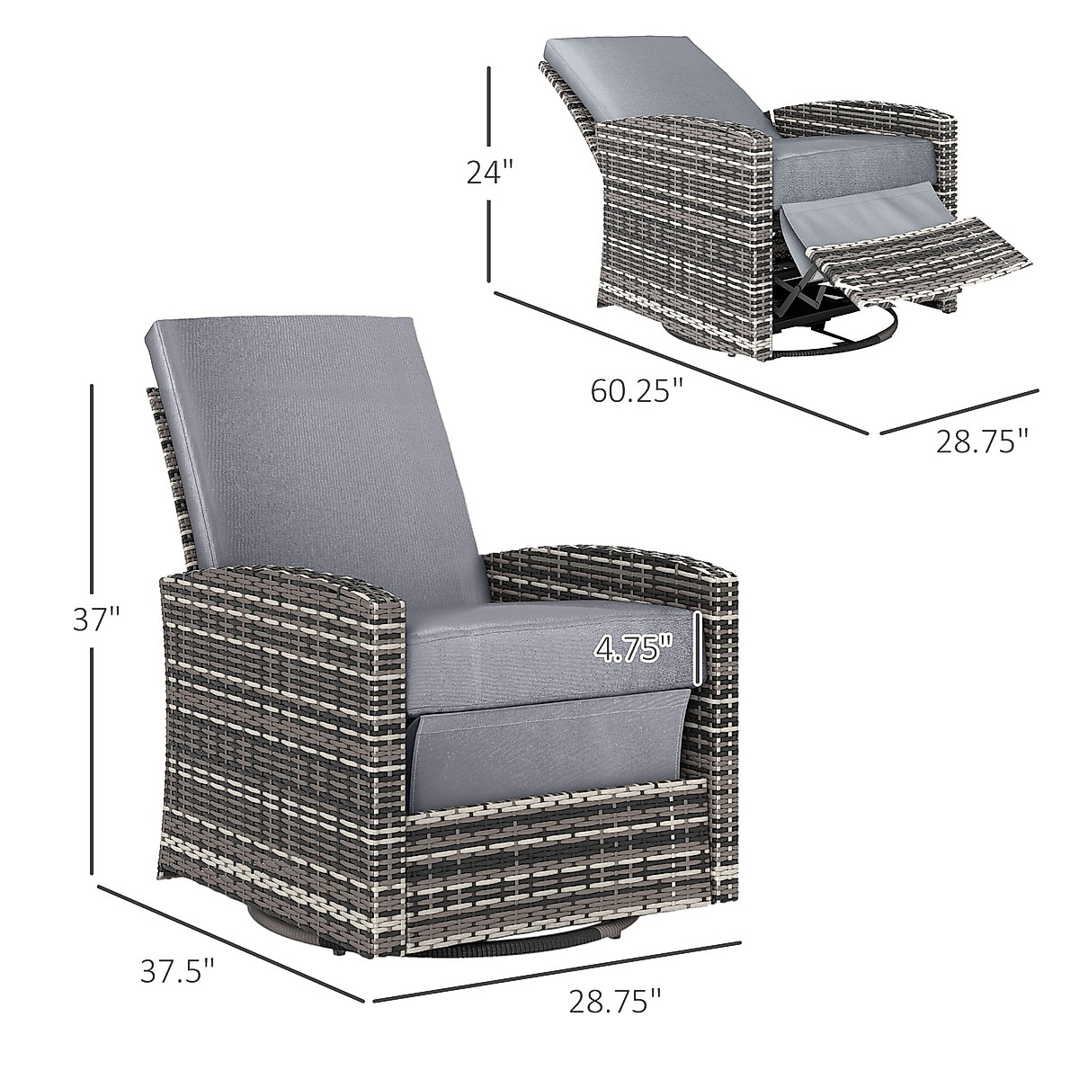 Outsunny Outdoor Wicker Swivel Recliner Chair, Reclining Backrest, Lifting Footrest, 360° Rotating Basic, Water Resistant Cushions for Patio, Grey