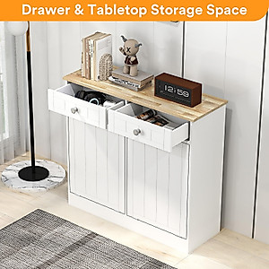 Rovibek Double Tilt Out Trash Can Cabinet with Storage Drawer Multifunctional Hidden Garbage Can for Kitchen, Bathroom, Laundry and Living Room