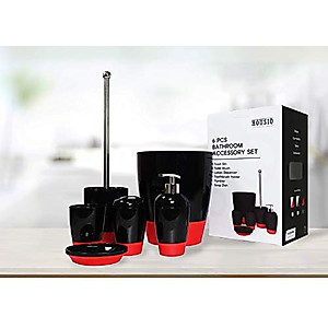 HOUSIO Eco-Friendly Bathroom Accessories Set,6Pcs Gift Set Toothbrush Holder,Tumbler,Lotion Dispenser,Soap Dish,Toilet Brush,Trash Bin Set (Black/Red)