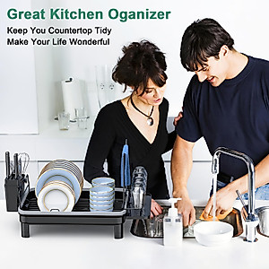 Junyuhomeline Dish Drying Rack, Space-Saving Dish Rack Rustproof Dish Drainers for Kitchen Counter with Drainboard Adjustable Swivel Spout, Utensil Holder and Rack for Cups & Dish Cloth, Black