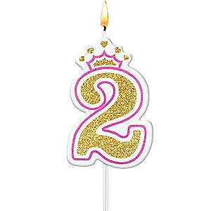 Happy Birthday Number Candle Pink Glitter Candle Crown Cute Cake Candle for Anniversary Wedding Party Cake Topper Decoration, 4.1 x 1.4 Inches (Number 2 Style)