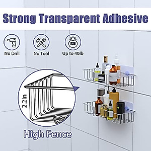 Adhesive Shower Shelves with 6 Hooks,Shower Caddy Wall Mounted Shampoo Holder,No Drilling Rustproof SUS 304 Stainless Steel Bathroom Shower Organizer Storage for Bathroom ,Toilet and Kitchen -2 Pack