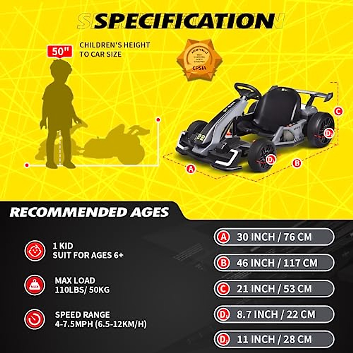 Blitzshark 24V Kids Go Kart 300W Powerful Drift Kart Electric Pedal Kart Outdoor Race Toy, with 2X150W Strong Motor, 7AH Big Battery, Drift/Sports Mode, EVA Tire, Brake Pedal, Length Adjustment, Grey