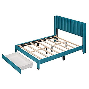 SOFTSEA Full Size Upholstered Bed Frame with Large Drawer Velvet Platform Bed Frame with High Headboard for Bedroom