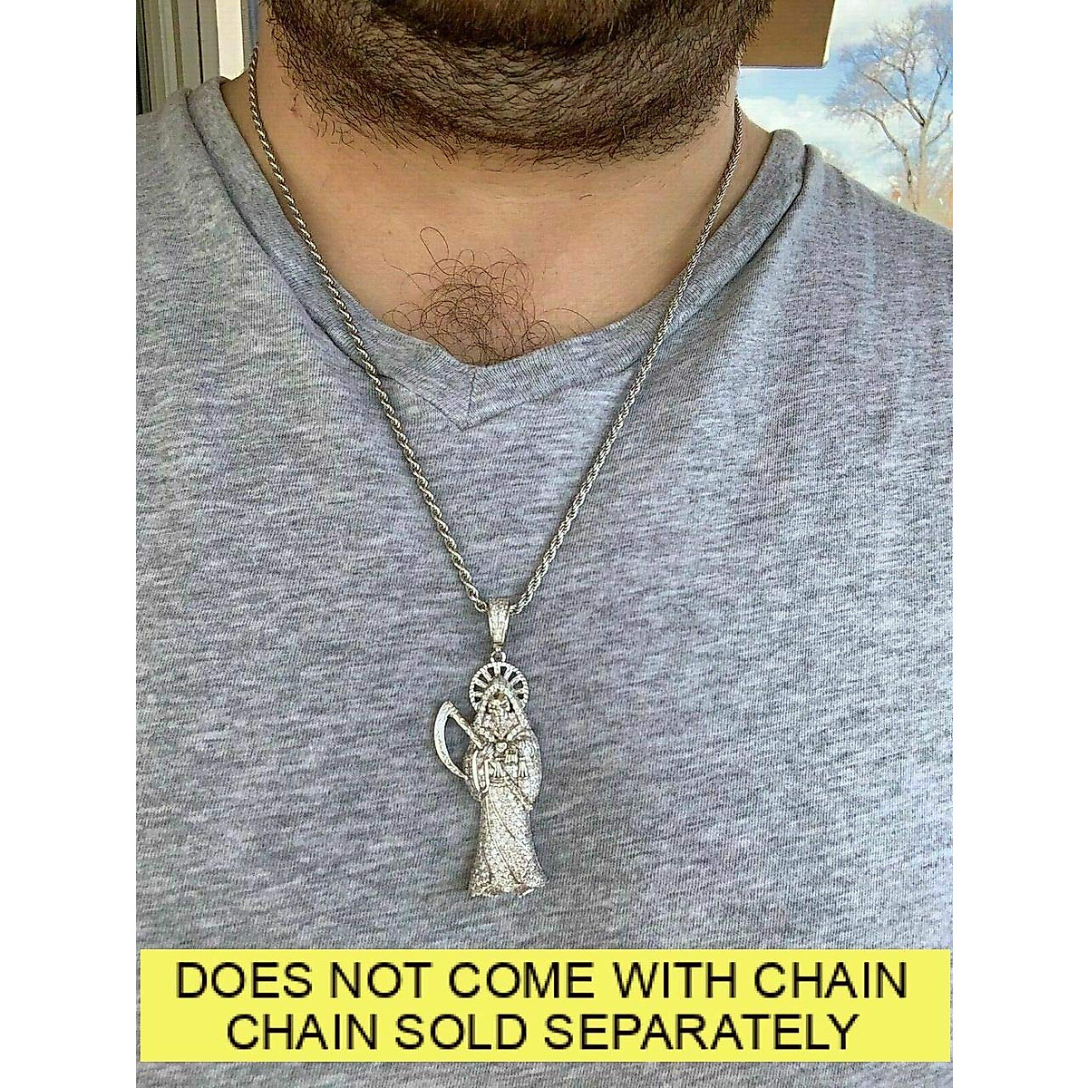 Solid 925 Sterling Silver - Large Men's Grim Reaper Death Pendant - Iced Santa Muerte Piece - Great Necklace (gold-plated-silver)