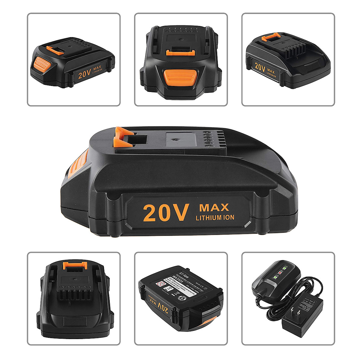 20V 2Packs Replacement Battery and Charger Starter Kit， Cell9102 WA3520 Lithium Battery and Charger WA3742 Compatible with Worx 20-Volt Cordless Power Tools