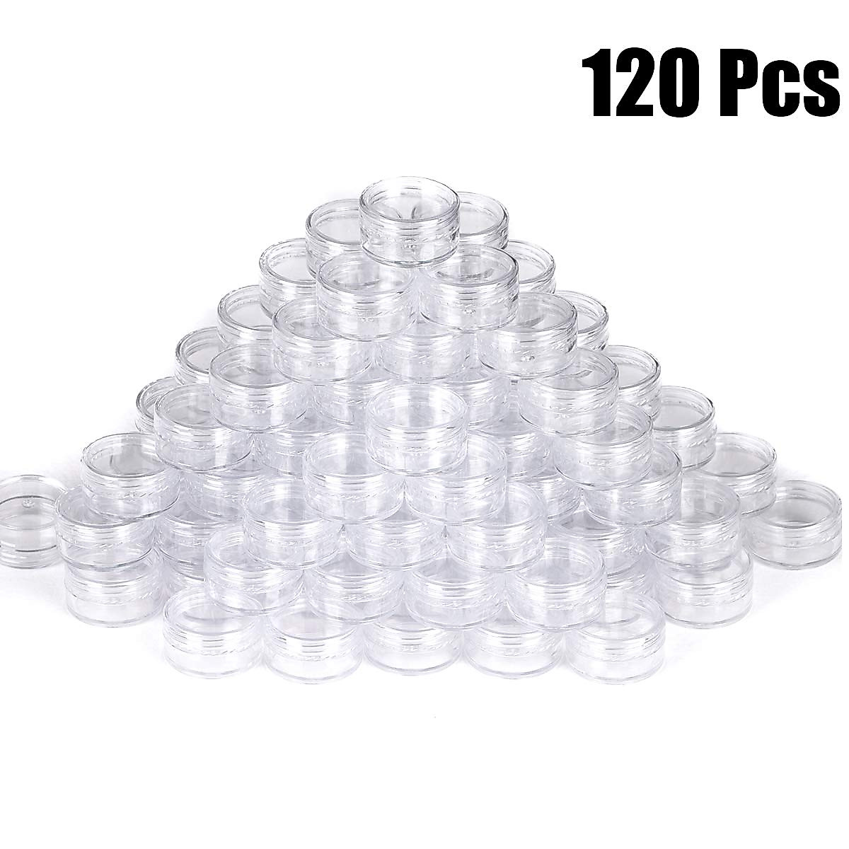 120 PCs 5 Gram Empty Plastic Cosmetic Samples Container for Make Up, Eye Shadow, Nails, Powder, Gems, Beads, Jewelry, Cream Small Clear Pot Jars with Lid