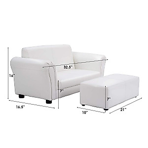 Costzon Kids Couch with Footstool, 2 in 1 Double Seat Children's Sofa w/PU Leather Surface, Armrest Chair Lounge, Soft Kids Sofa for Preschool Bedroom Kids Room Toddlers Boys Girls Birthday (White)