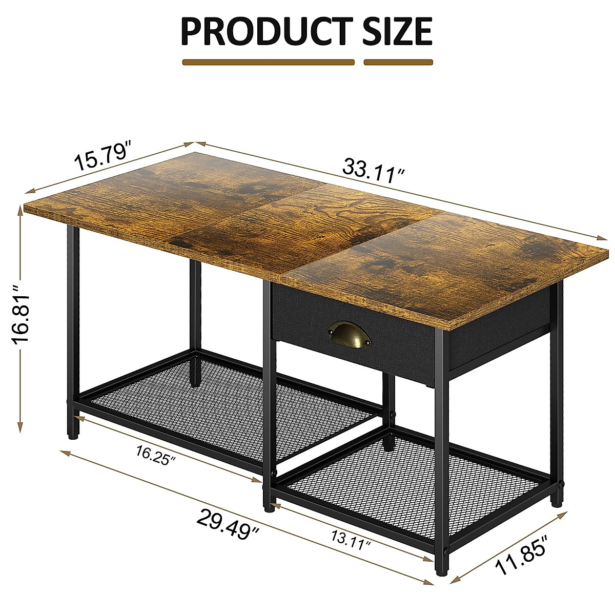 DAOUTIME Small Coffee Tables for Living Room with Drawer, 2-Tier Center Small Table for Small Spaces, Farmhouse Simple Table with 2 Wire Mesh Storage Racks, 15.79" D X 33.11" W X 16.81" H