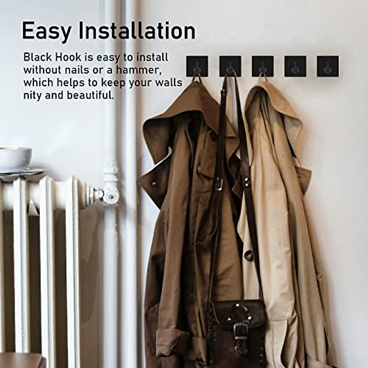 JIQGOZBAN Upgraded Adhesive Hooks Heavy Duty 6 Packs, Thickened Wall Hooks Stainless Steel SUS304 Towel Hooks, Heavy Duty Hooks Bathrooms Wall Mount for Hanging Coat, Hat, Towel, Robe (Black)