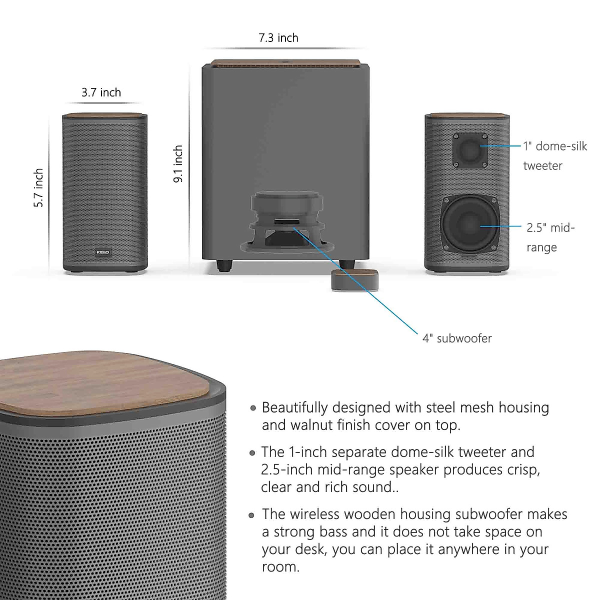 KEiiD 2.1 Bluetooth Computer Speakers with Wireless Subwoofer and Wireless Touchpad Control for Desktop Laptop PC Stereo Gaming Speakers, 4 EQ Modes, Aesthetic Style, 2025 New Model