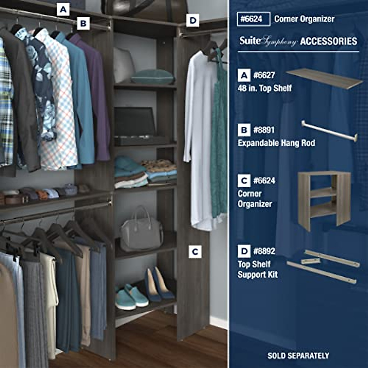 ClosetMaid SuiteSymphony Wood Corner Shelf Unit, 2 Shelves, Adjustable Stacking, for Storage, Closet, Clothes, Shoes, Décor, Graphite Grey