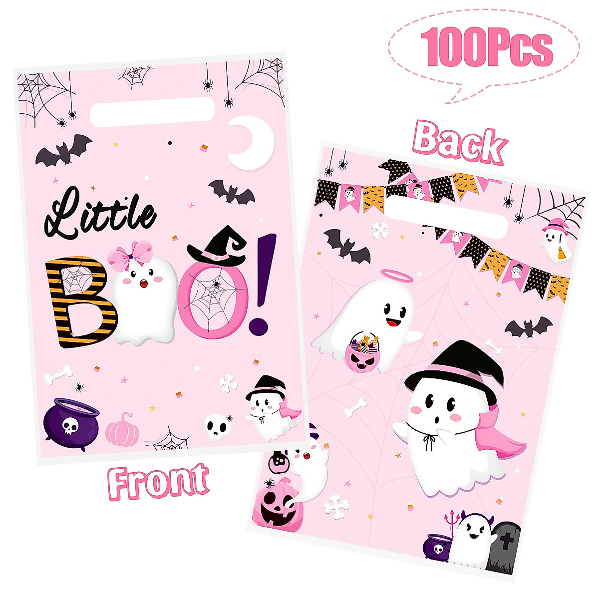 Haooryx 100Pcs Little Boo Party Favor Bags, Pink Little Boo Theme Plastic Candy Gift Bag Birthday Gift Warp Goodie Treat Bags for Halloween Party Kids Theme Birthday Baby Shower Party Favors Supplies