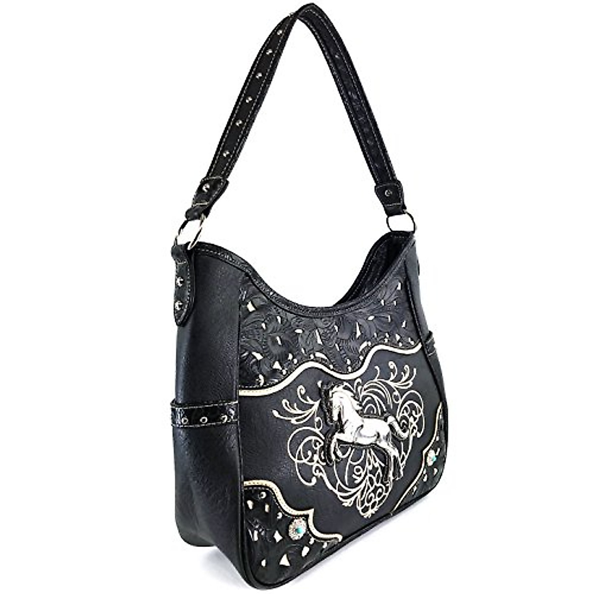 Justin West Western Embroidery Horse Turquoise Concho Rhinestone Studded Shoulder Tote Handbag Purse Wallet (Black Purse Set)