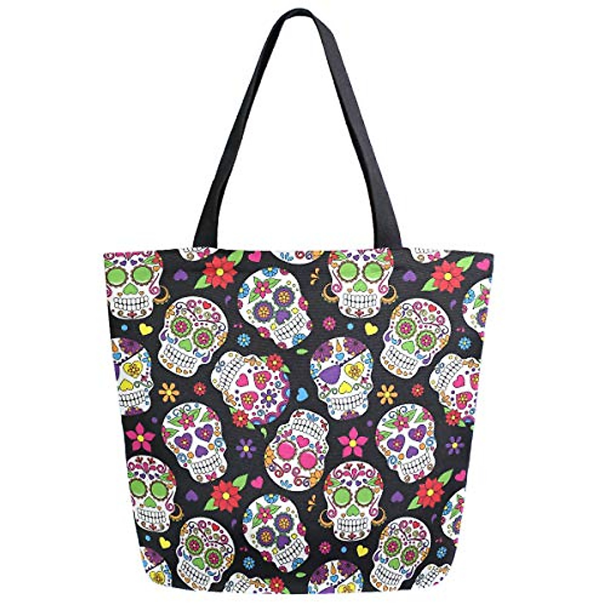ZzWwR Chic Day of The Dead Sugar Skull Large Canvas Shoulder Tote Top Handle Bag for Gym Beach Travel Shopping