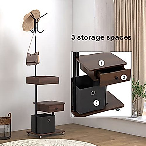 soges Coat Rack and Nightstand, Brown Wooden Nightstands with One Drawer and One Non-woven Basket, Metal Coat Rack for Bedroom, Living Room
