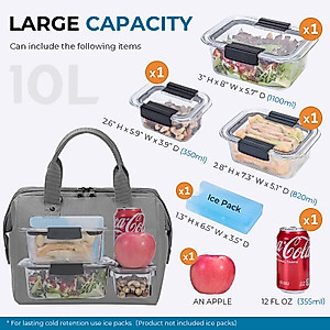 ECHSRT Insulated Lunch Bag Women/Men, 10L Reusable Lunch Tote Bag with Adjustable Shoulder Strap, Leakproof Lunch Box Cooler for Work Office - Wide Open Lunchbox Grey Lunchbag