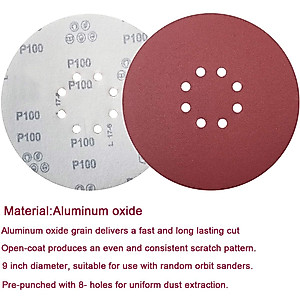 Sackorange 100 PCS 9 Inch 10 Hole Hook and Loop Sanding Discs Set - 60 80 120 150 240 Grits Aluminum Oxide Sander Paper for ‎9" Drywall Sander Wood Furniture Finishing