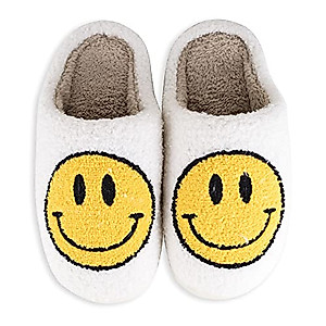 WELLNESSICA Happy Face Slippers Soft Plush Comfy Warm Faux Fur with Memory Foam, Preppy Winter Slides Non-Slip Flat Smile Face House Slippers for Women, Men & Kids (Purple, Light Blue & White, us_footwear_size_system, adult, women, numeric, wide, numeric_