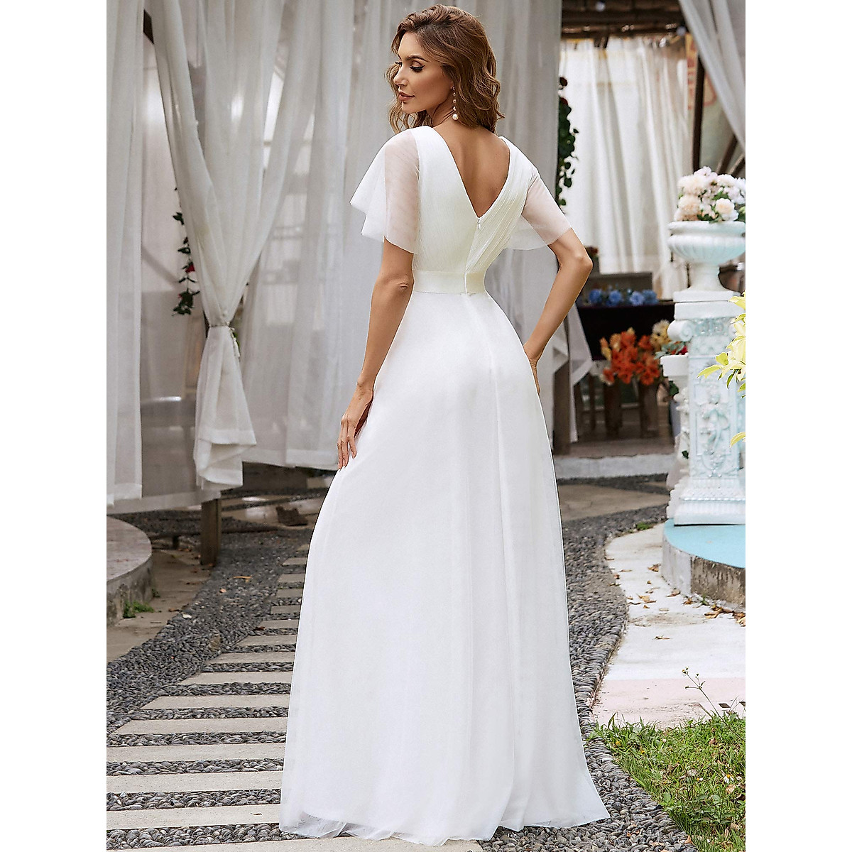 Ever-Pretty Women's Mother of Bride Dress Double V-Neck Empire Waist Front Wrap Tulle Bridesmaid Dress White US4