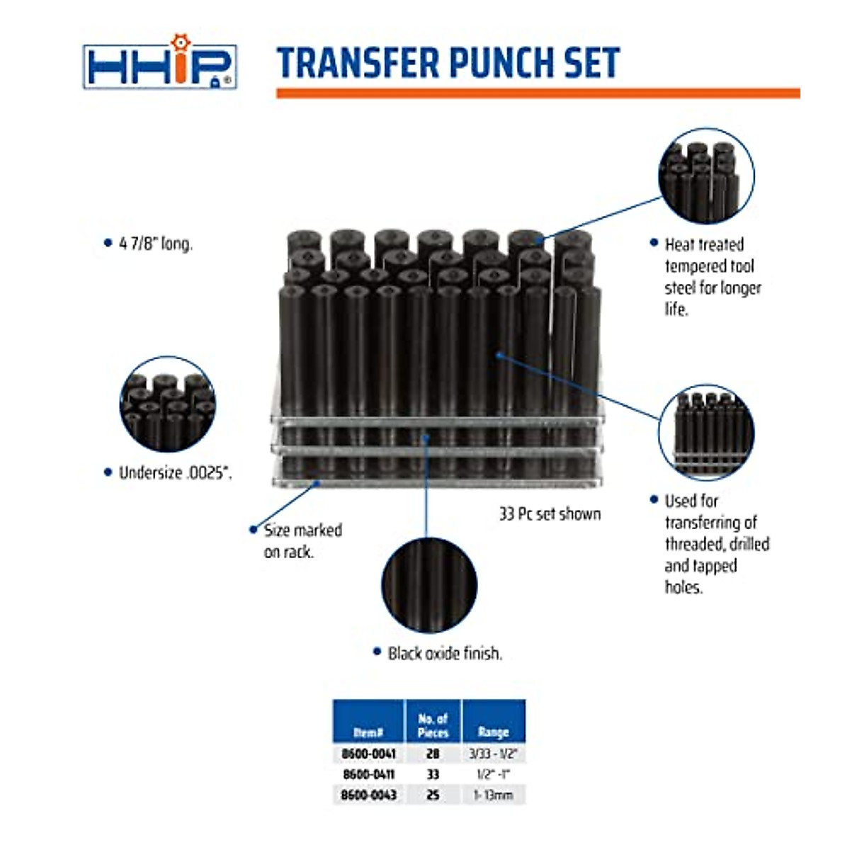HHIP 8600-0041 28 Piece Transfer Punch Set, 3/32" - 1/2"