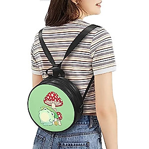Poceacles Frog Mushroom Round Crossbody Bags for Women Kawaii Zipper Shoulder Bag Circular Handbags PU Leather Cross Body Purse Tote Bag for School Shopping Work