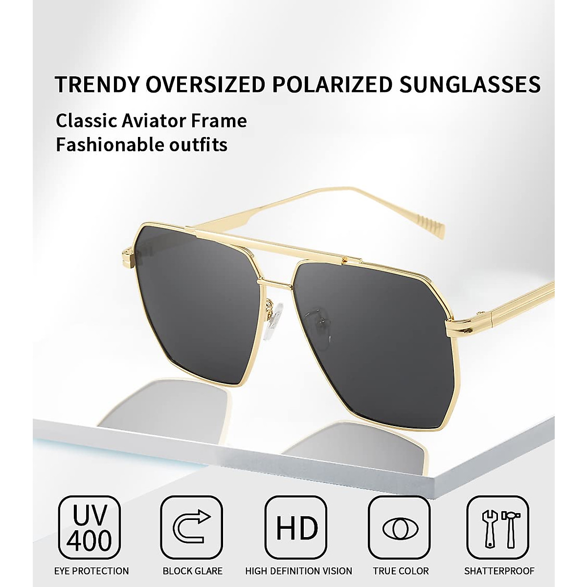 Dollger Oversized Square Sunglasses for Women Men Trendy Big Polarized Aviator Shades Retro Large Sun Glasses Black