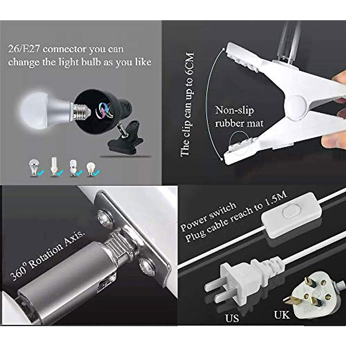 Sun-Rising Clip lamp,360° Rotation Clip on Lamp Portable Book Reading Light,Clamp on Desk/Table/Bunk Bed/Cupboard Home Lighting, (Desk lamp,Seven Colors for Your Choice) Black 2"